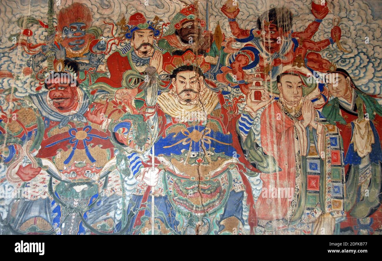 Yungang Grottoes near Datong in Shanxi Province, China. Colorful fresco ...