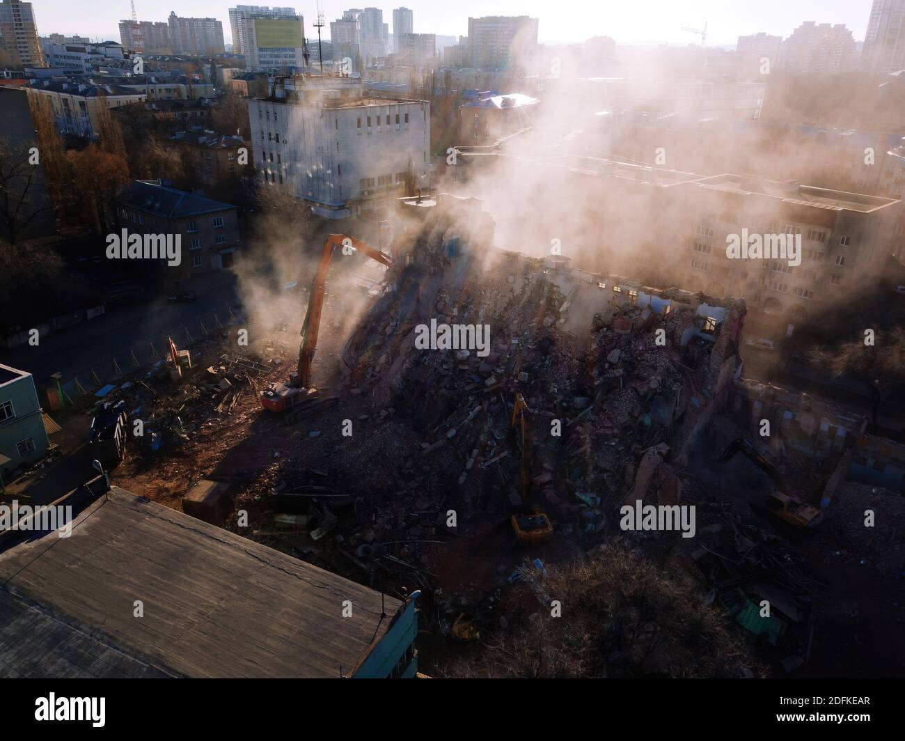 Aerial view of demolition site. Process of demolition of old industrial ...
