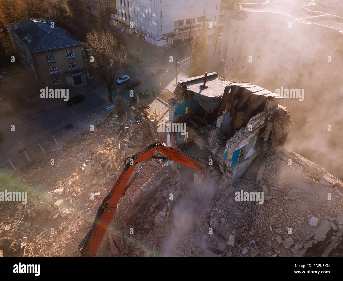 Aerial view of demolition site. Process of demolition of old industrial ...