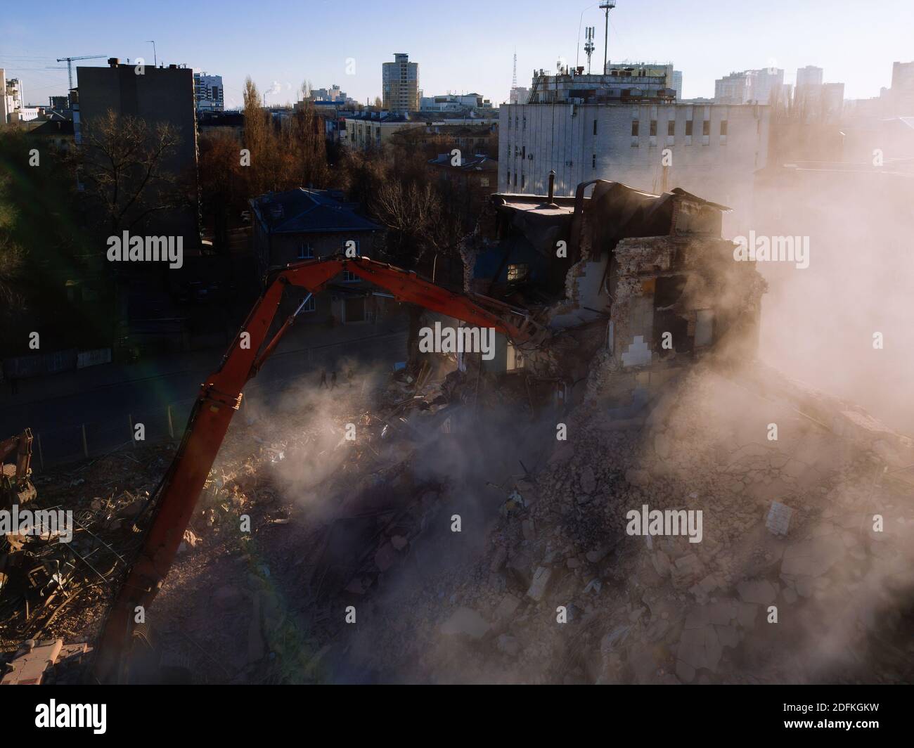 Aerial view of demolition site. Process of demolition of old industrial ...