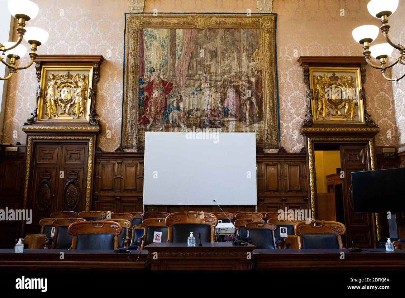 Files are displayed in a courtroom of the "Palais de Justice ...