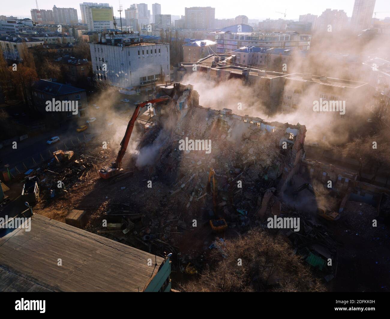 Aerial view of demolition site. Process of demolition of old industrial ...