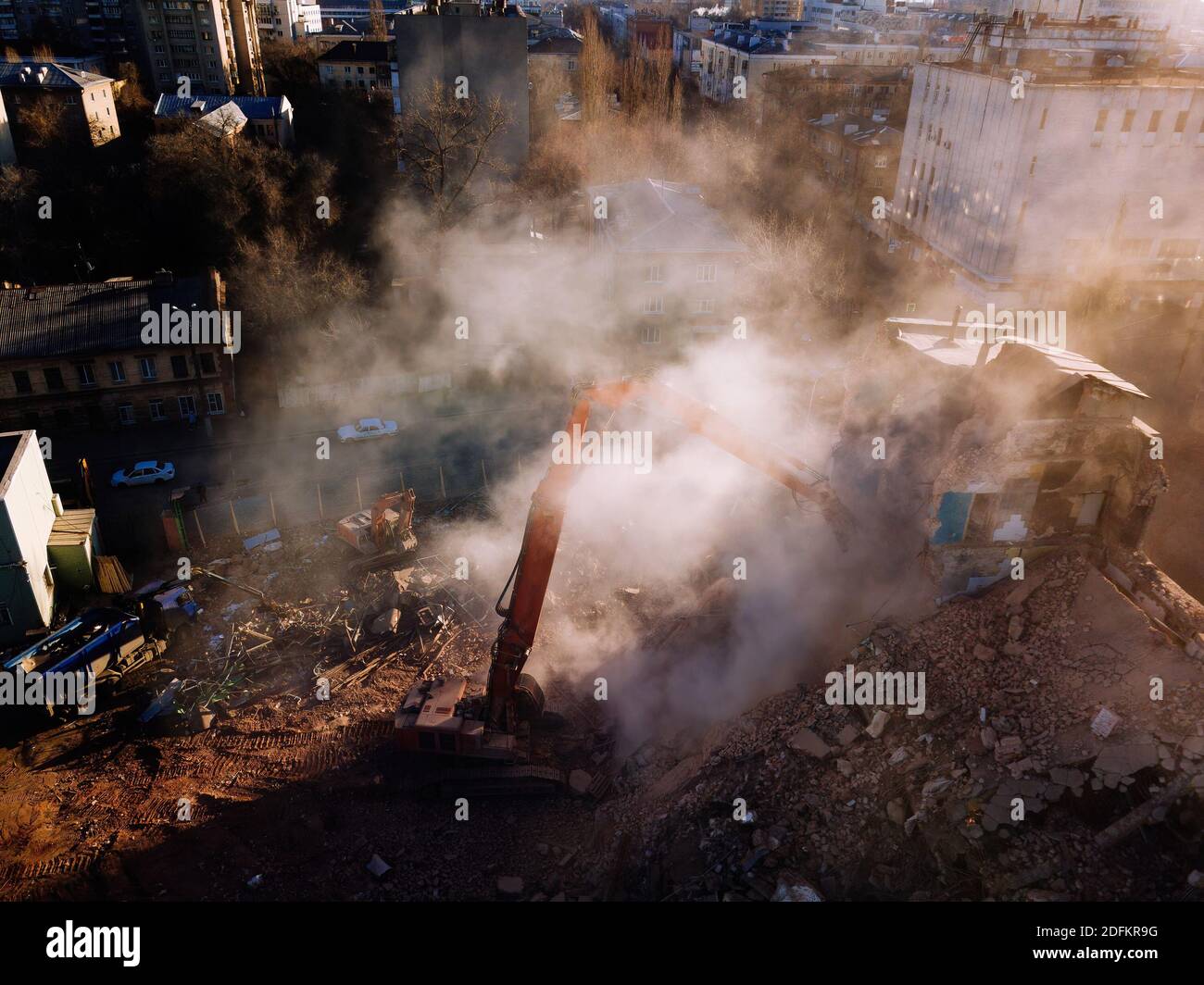 Aerial view of demolition site. Process of demolition of old industrial ...
