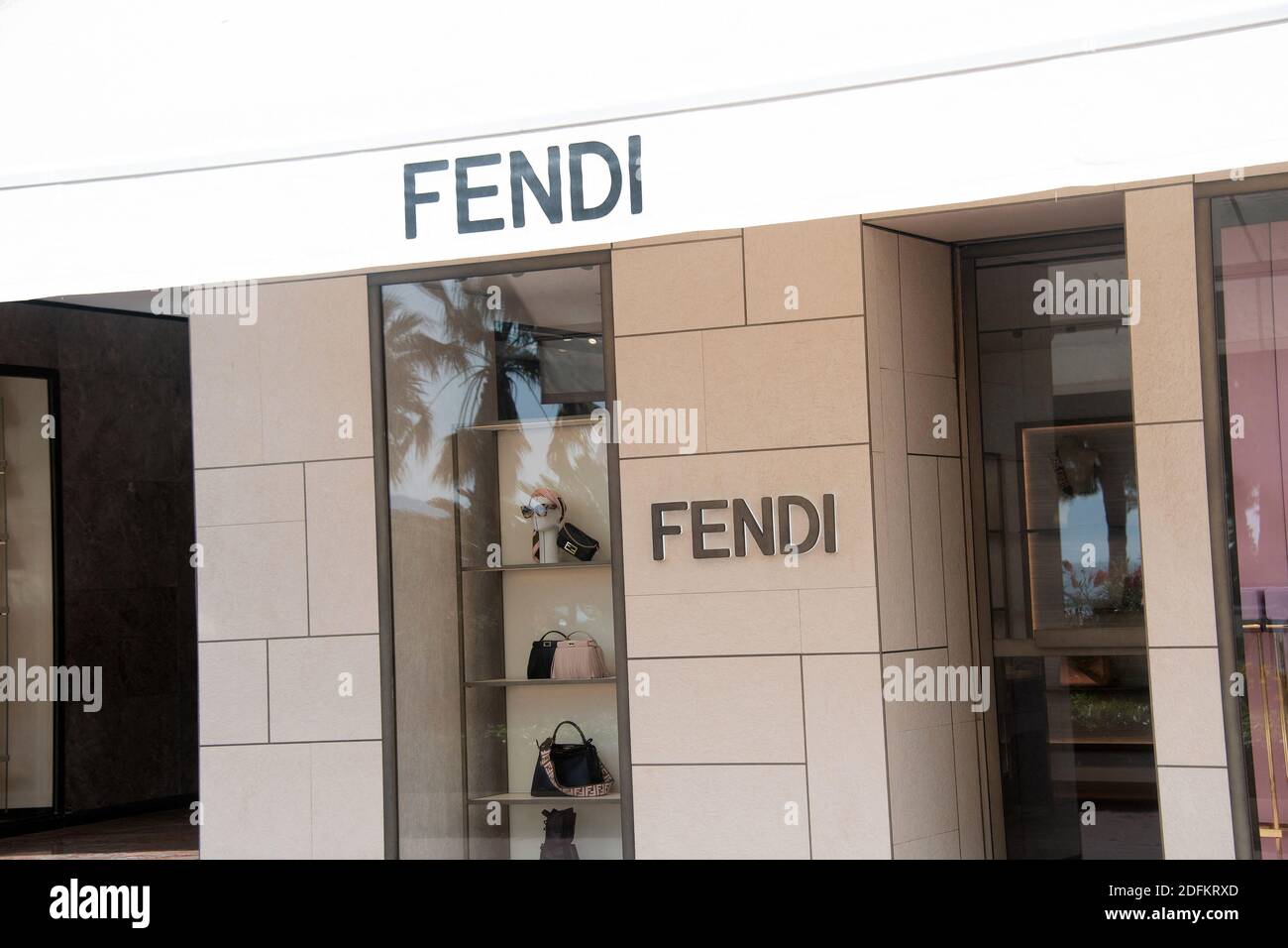 A shop sign of FENDI, on October 13, 2020 in Cannes, France. Photo by ...