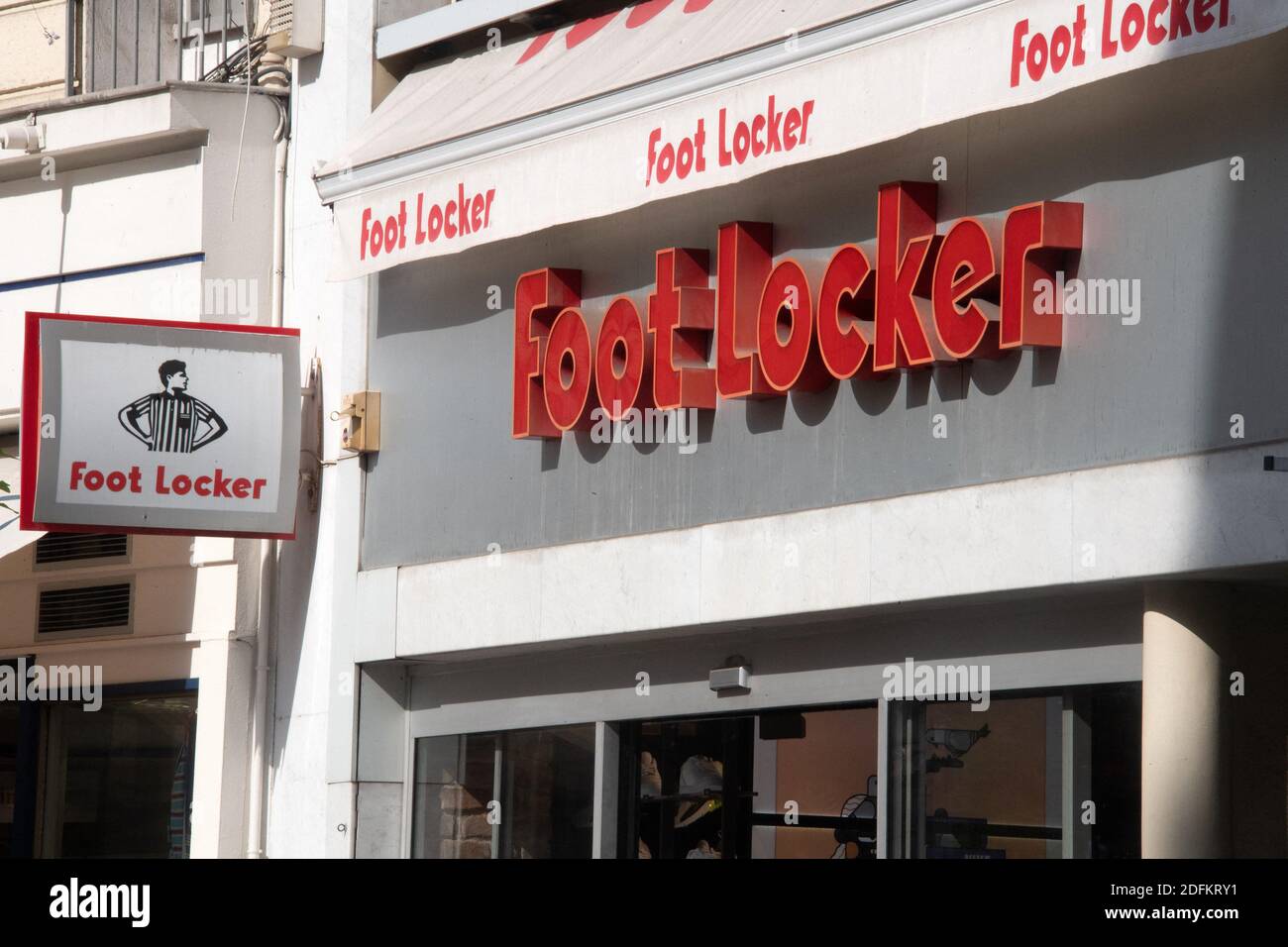 A shop sign of FOOT LOCKER, on October 13, 2020 in Cannes, France ...