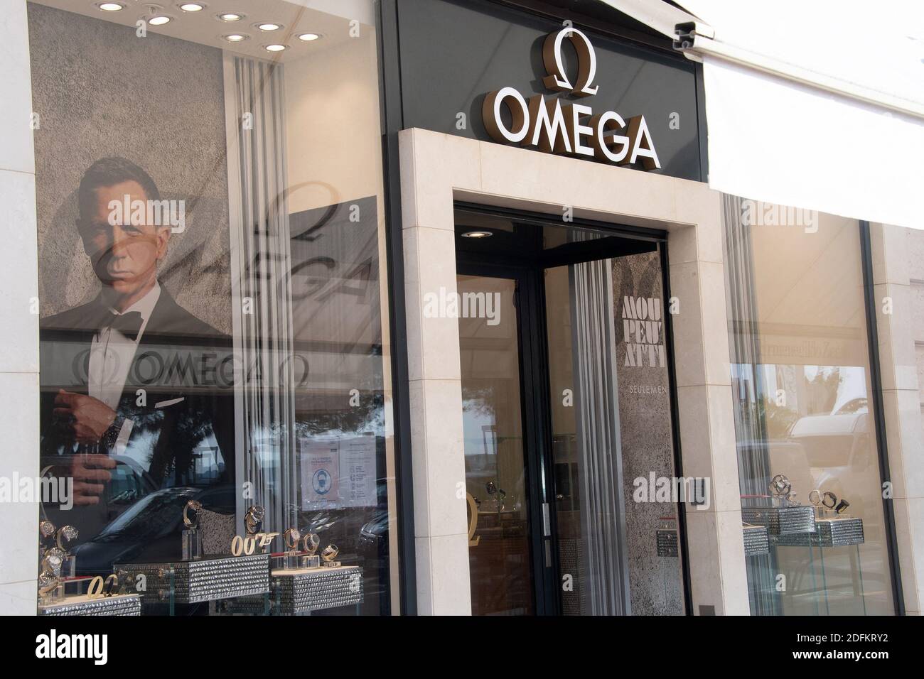 A shop sign of OMEGA, on October 13, 2020 in Cannes, France. Photo by ...