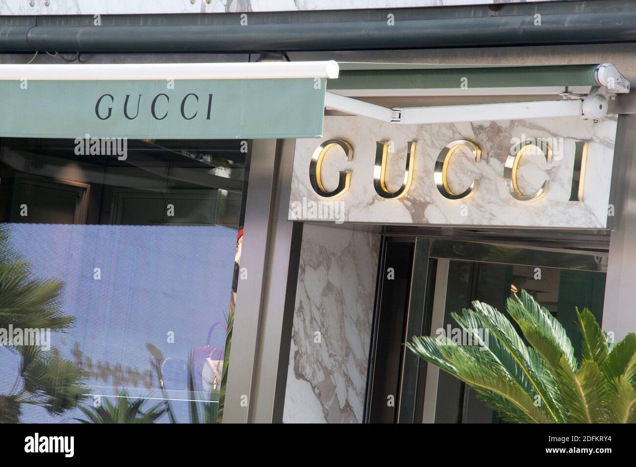 A shop sign of GUCCI, on October 13, 2020 in Cannes, France. Photo by ...