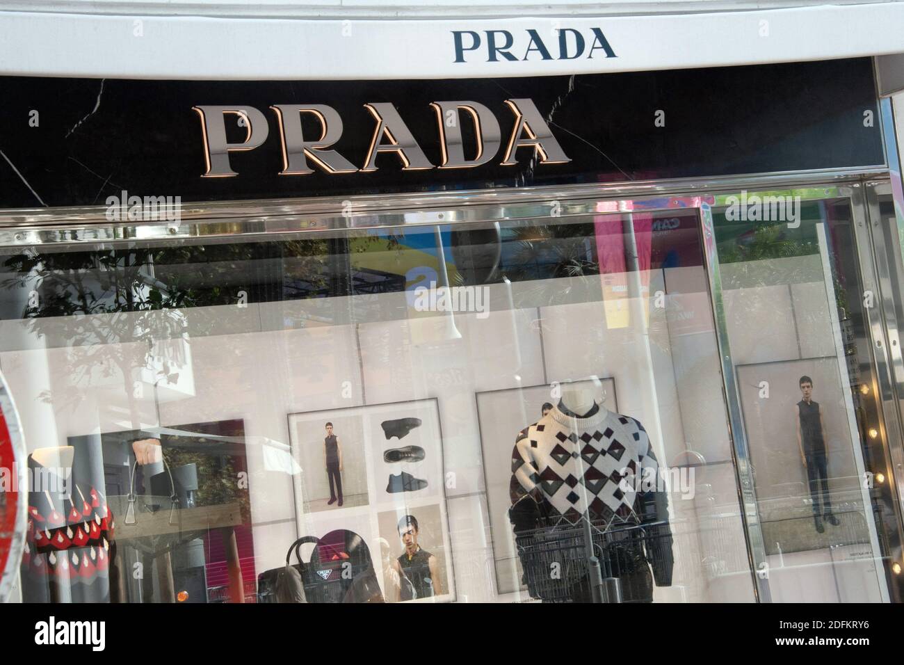 A shop sign of PRADA, on October 13, 2020 in Cannes, France. Photo by ...