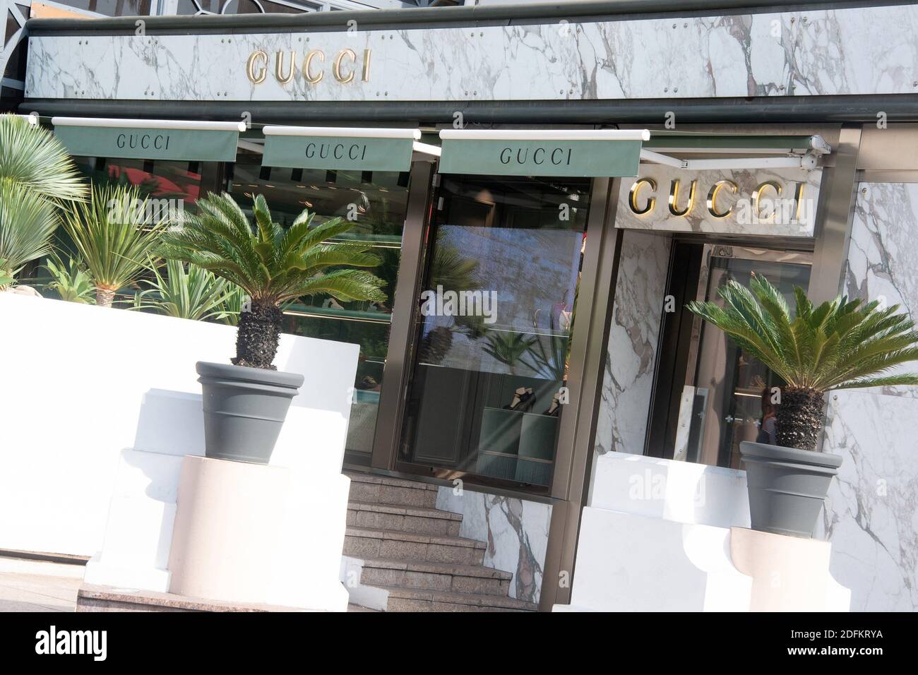 A shop sign of GUCCI, on October 13, 2020 in Cannes, France. Photo by ...