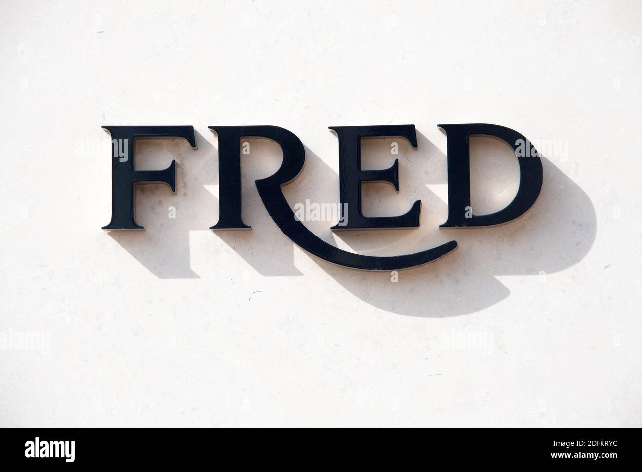 A shop sign of FRED, on October 13, 2020 in Cannes, France. Photo by ...