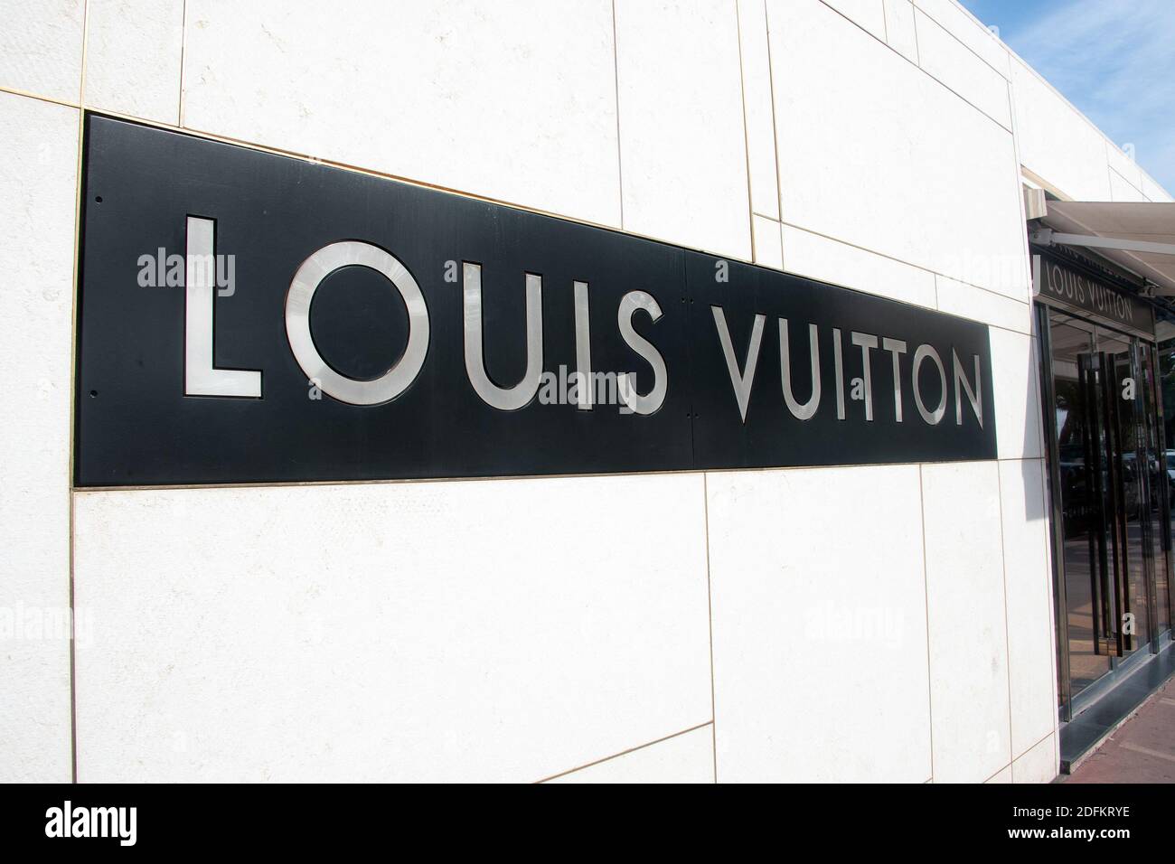 A shop sign of LOUIS VUITTON, on October 13, 2020 in Cannes, France ...