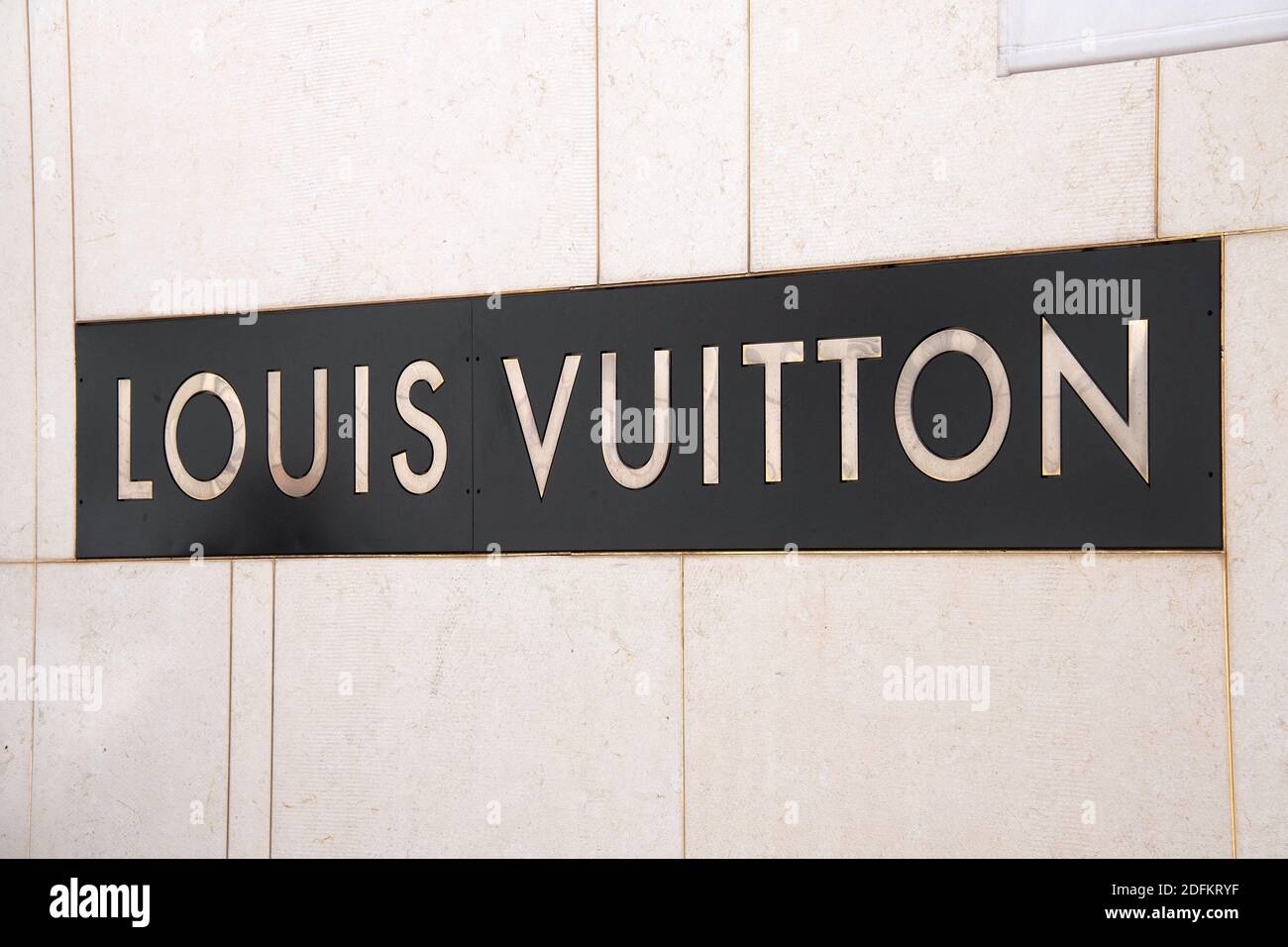 A shop sign of LOUIS VUITTON, on October 13, 2020 in Cannes, France ...