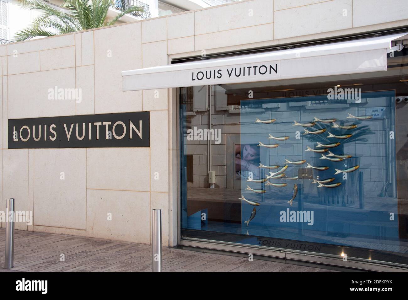 A shop sign of LOUIS VUITTON, on October 13, 2020 in Cannes, France ...