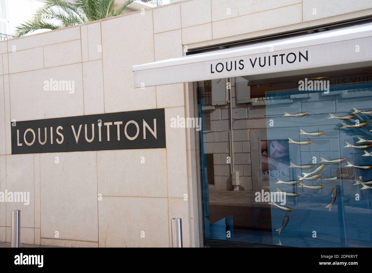 A shop sign of LOUIS VUITTON, on October 13, 2020 in Cannes, France ...