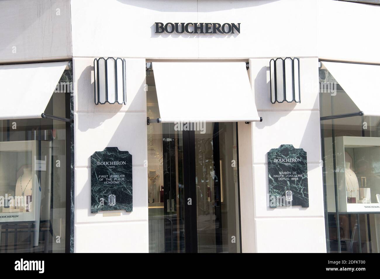 A shop sign of BOUCHERON, on October 13, 2020 in Cannes, France. Photo ...