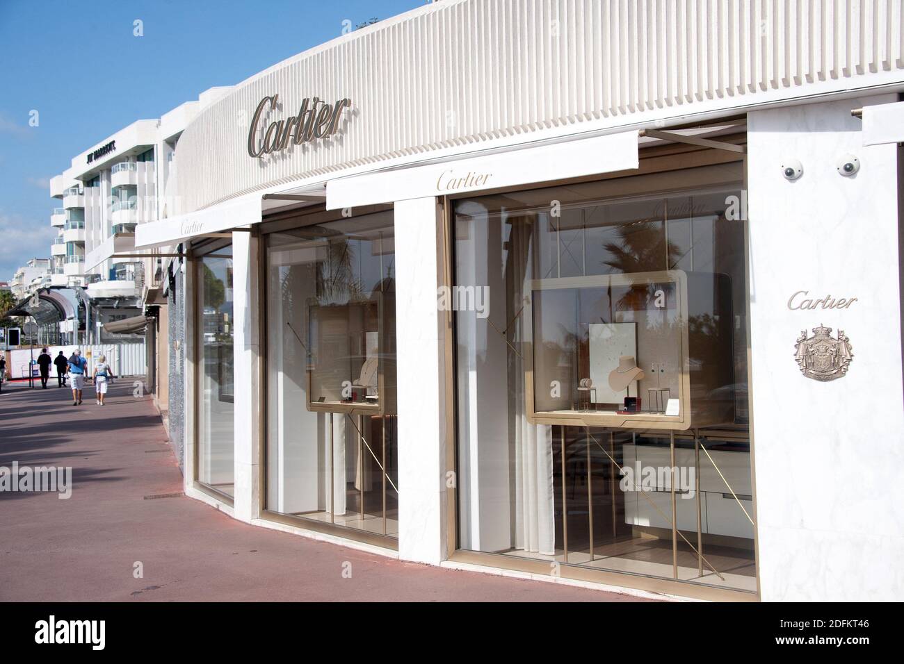 A shop sign of CARTIER, on October 13, 2020 in Cannes, France. Photo by ...