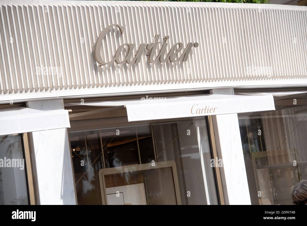 A shop sign of CARTIER, on October 13, 2020 in Cannes, France. Photo by ...