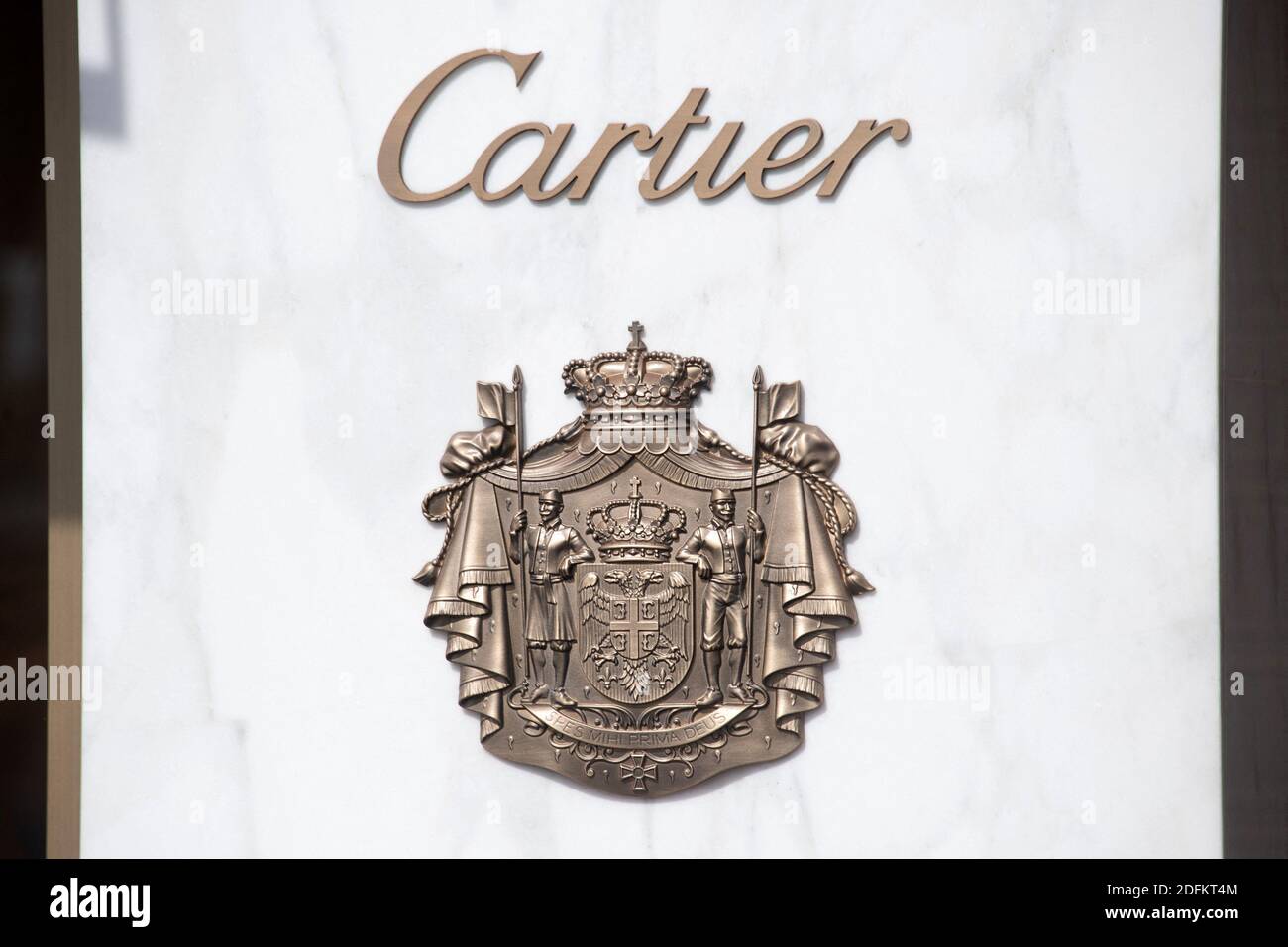 A shop sign of CARTIER, on October 13, 2020 in Cannes, France. Photo by ...