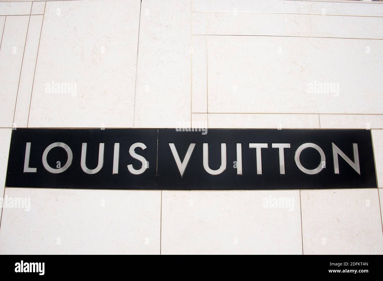 A shop sign of LOUIS VUITTON, on October 13, 2020 in Cannes, France ...