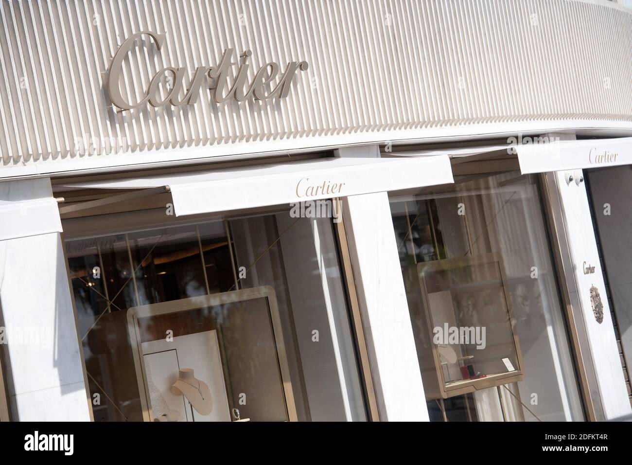 A shop sign of CARTIER, on October 13, 2020 in Cannes, France. Photo by ...