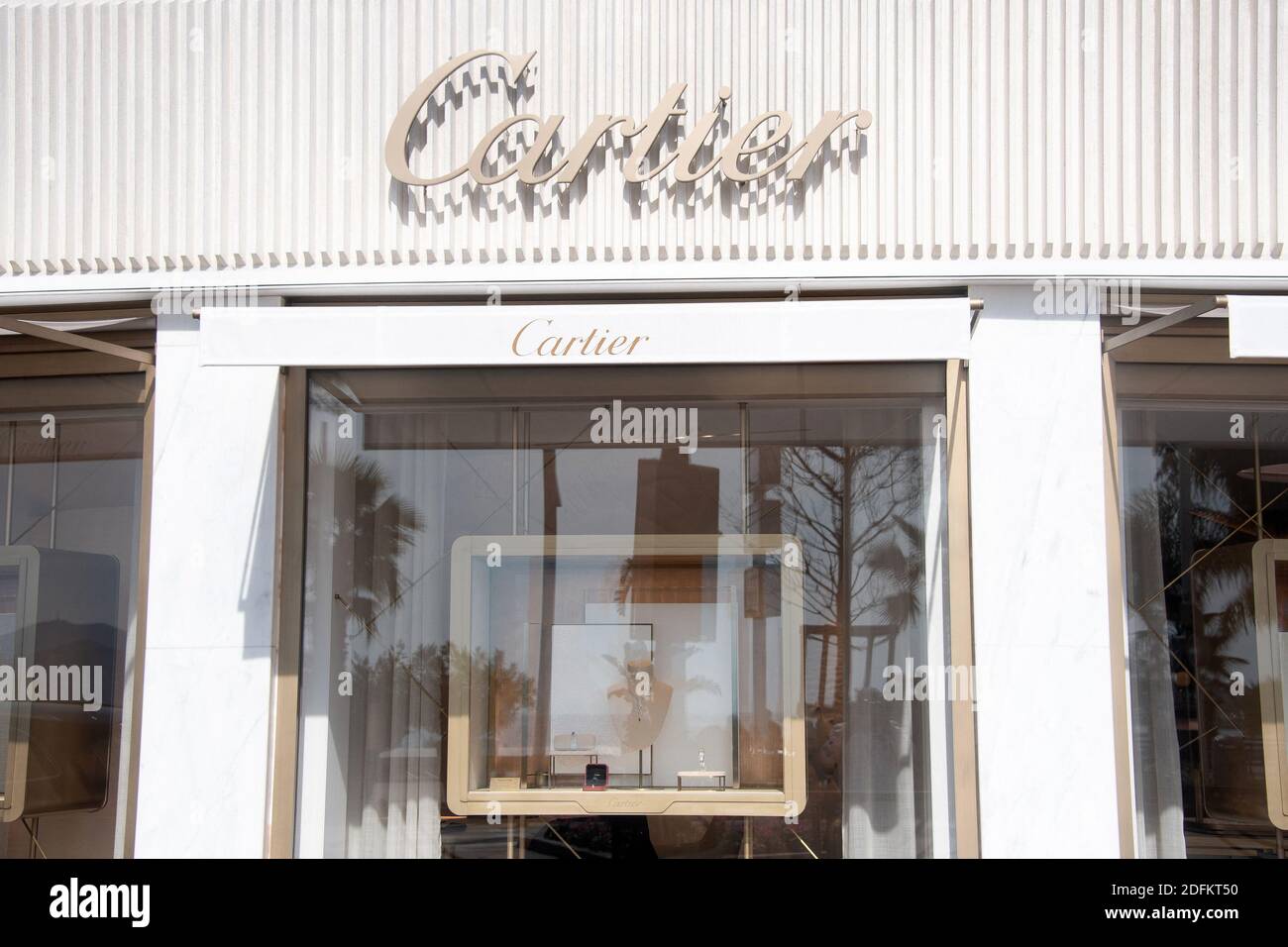 A shop sign of CARTIER, on October 13, 2020 in Cannes, France. Photo by ...