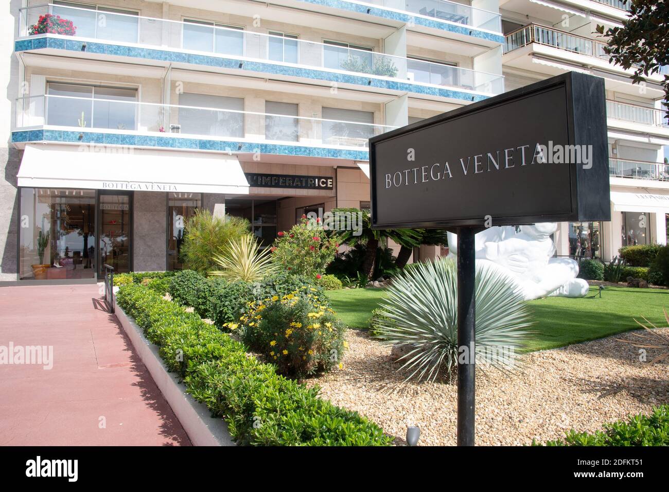 A shop sign of BOTTEGA VENETA, on October 13, 2020 in Cannes, France ...