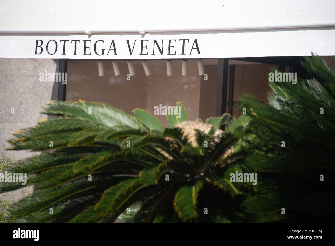 A shop sign of BOTTEGA VENETA, on October 13, 2020 in Cannes, France ...