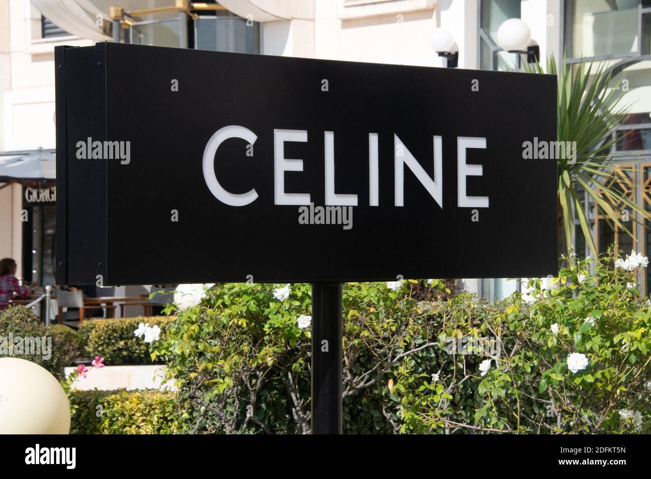 A shop sign of CELINE, on October 13, 2020 in Cannes, France. Photo by ...