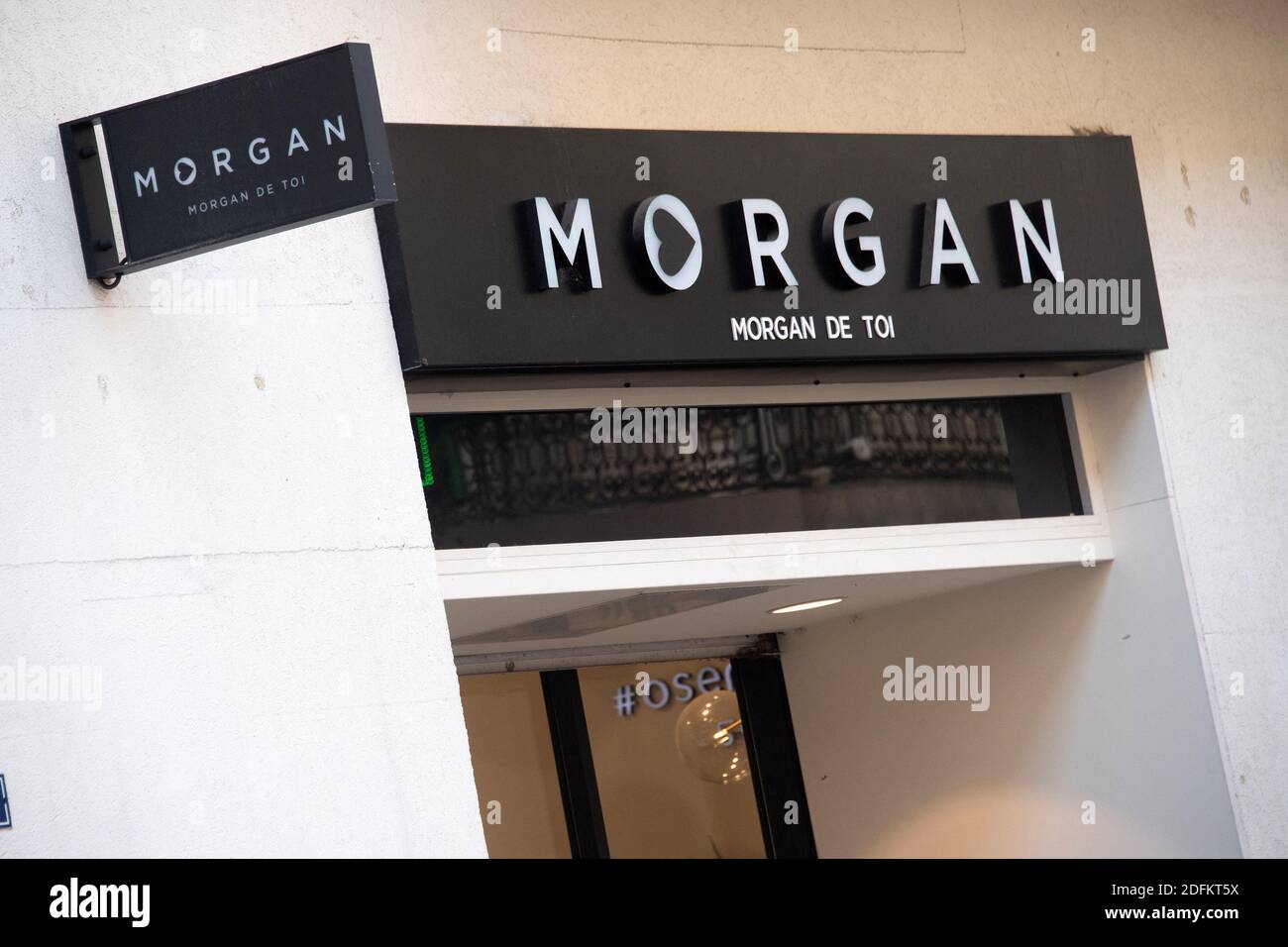 A shop sign of MORGAN, on October 13, 2020 in Cannes, France. Photo by ...