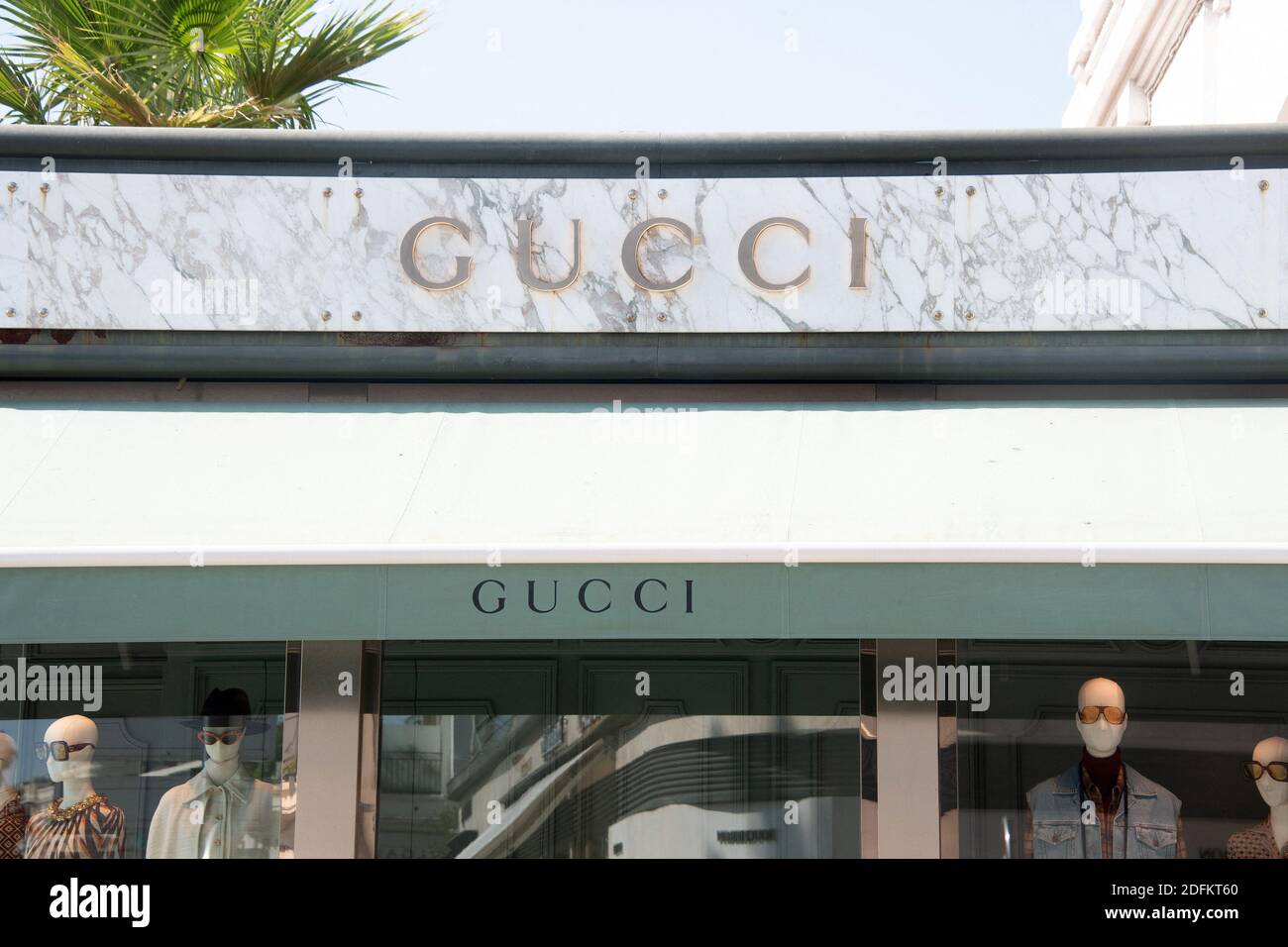 A shop sign of GUCCI, on October 13, 2020 in Cannes, France. Photo by ...