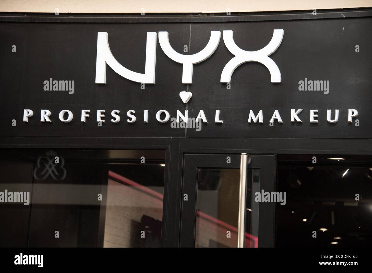 A shop sign of NYX on October 13, 2020 in Cannes, France. Photo by ...