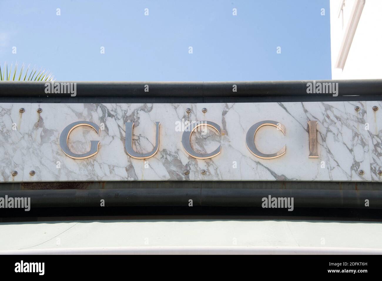 A shop sign of GUCCI, on October 13, 2020 in Cannes, France. Photo by ...