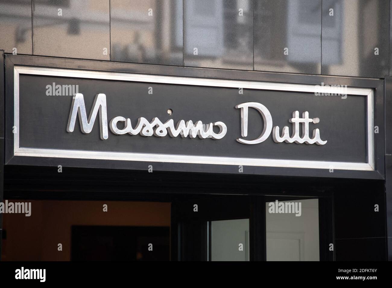 A shop sign of MASSIMO DUTTI, on October 13, 2020 in Cannes, France ...