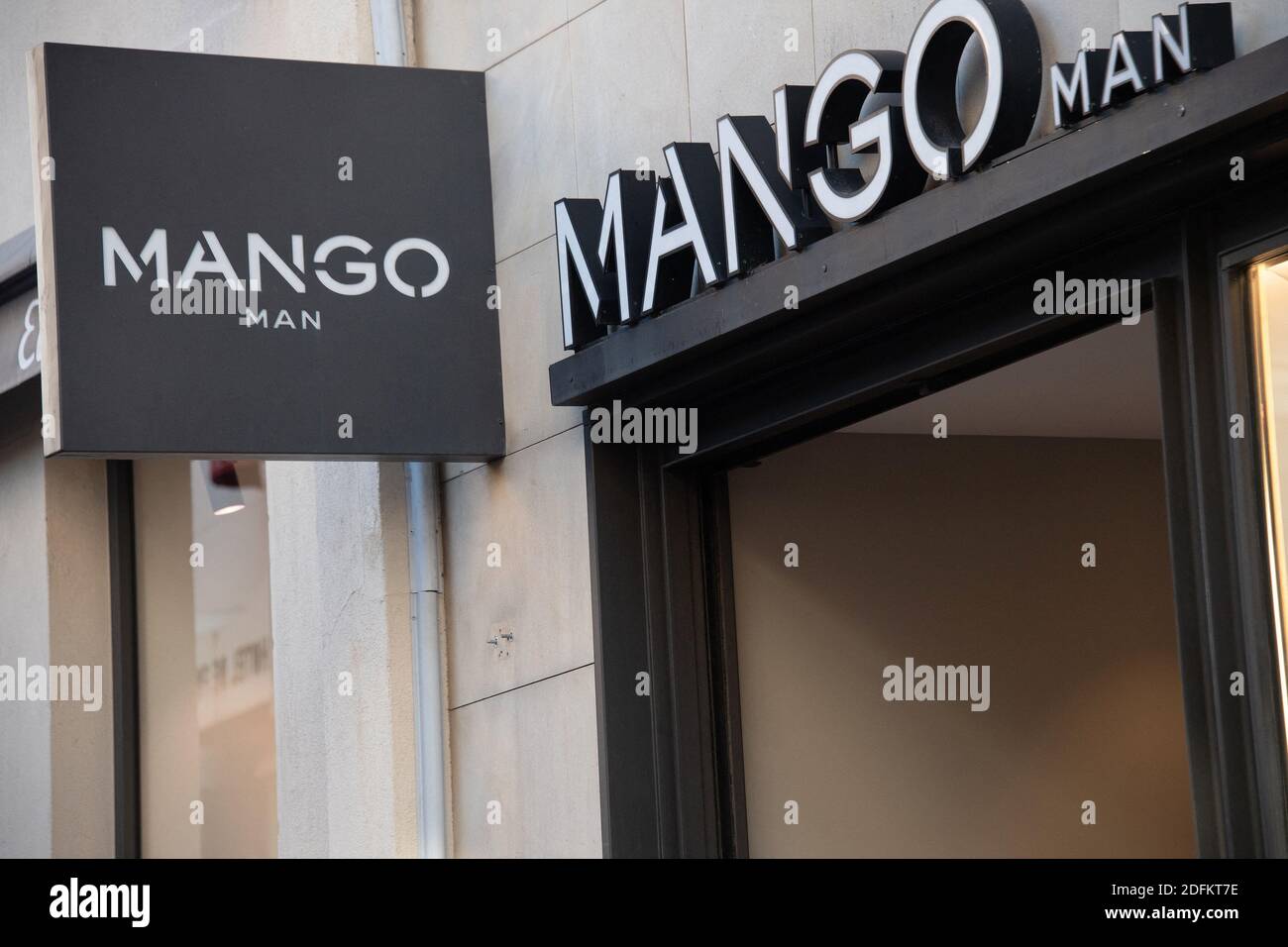 A shop sign of MANGO Man, on October 13, 2020 in Cannes, France. Photo ...