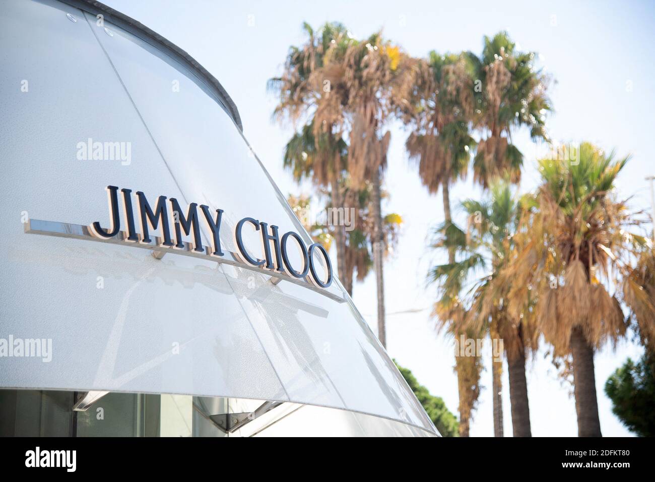 A shop sign of JIMMY CHOO, on October 13, 2020 in Cannes, France. Photo ...