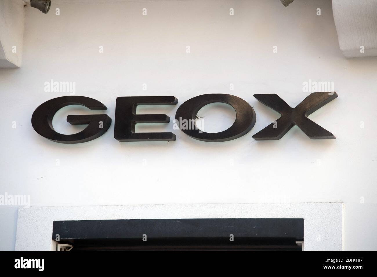 A shop sign of GEOX, on October 13, 2020 in Cannes, France. Photo by ...
