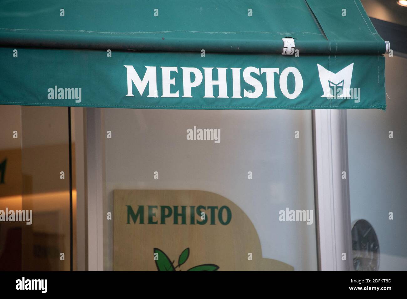 A shop sign of MEPHISTO, on October 13, 2020 in Cannes, France. Photo ...