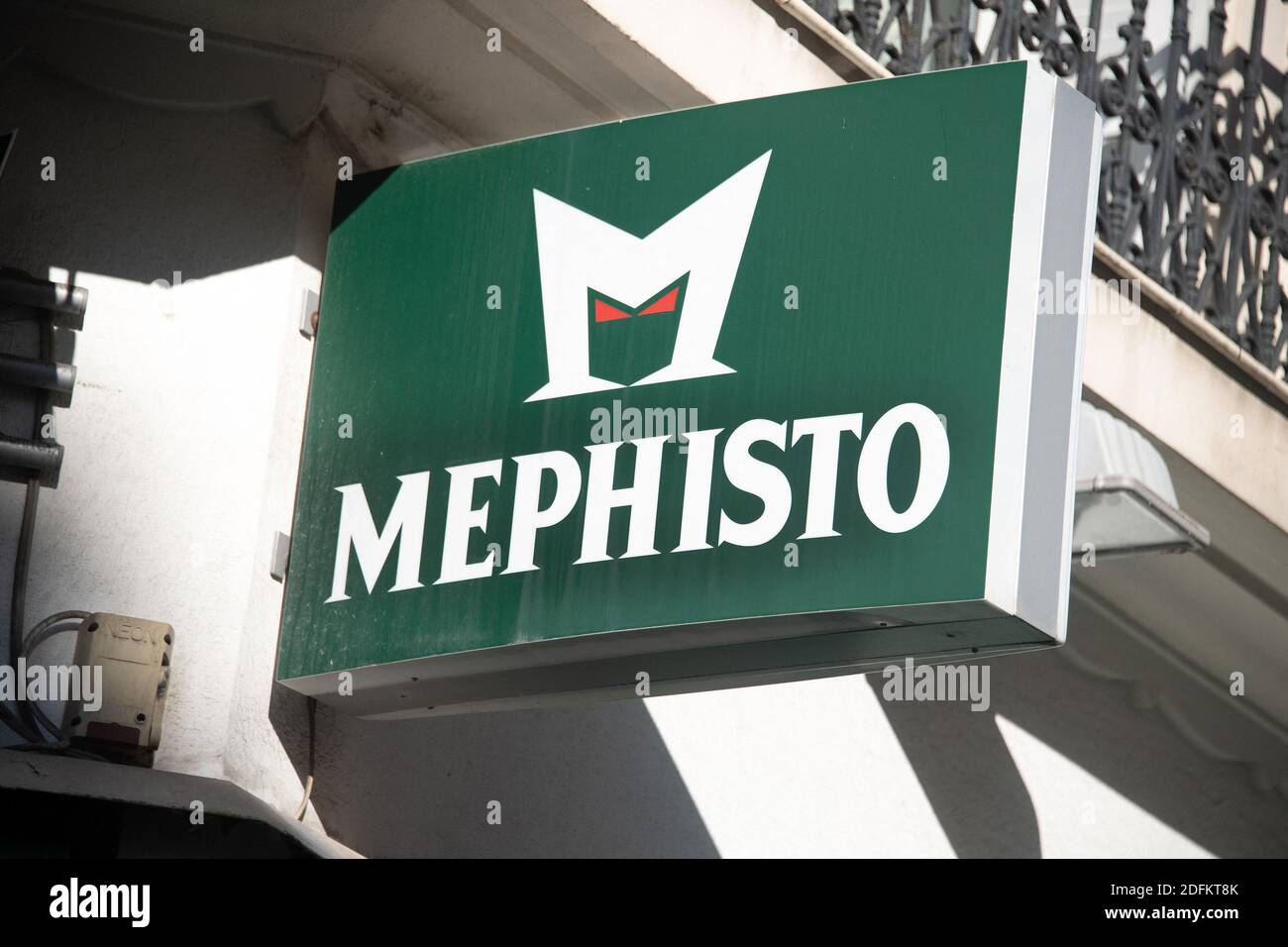 A shop sign of MEPHISTO, on October 13, 2020 in Cannes, France. Photo ...