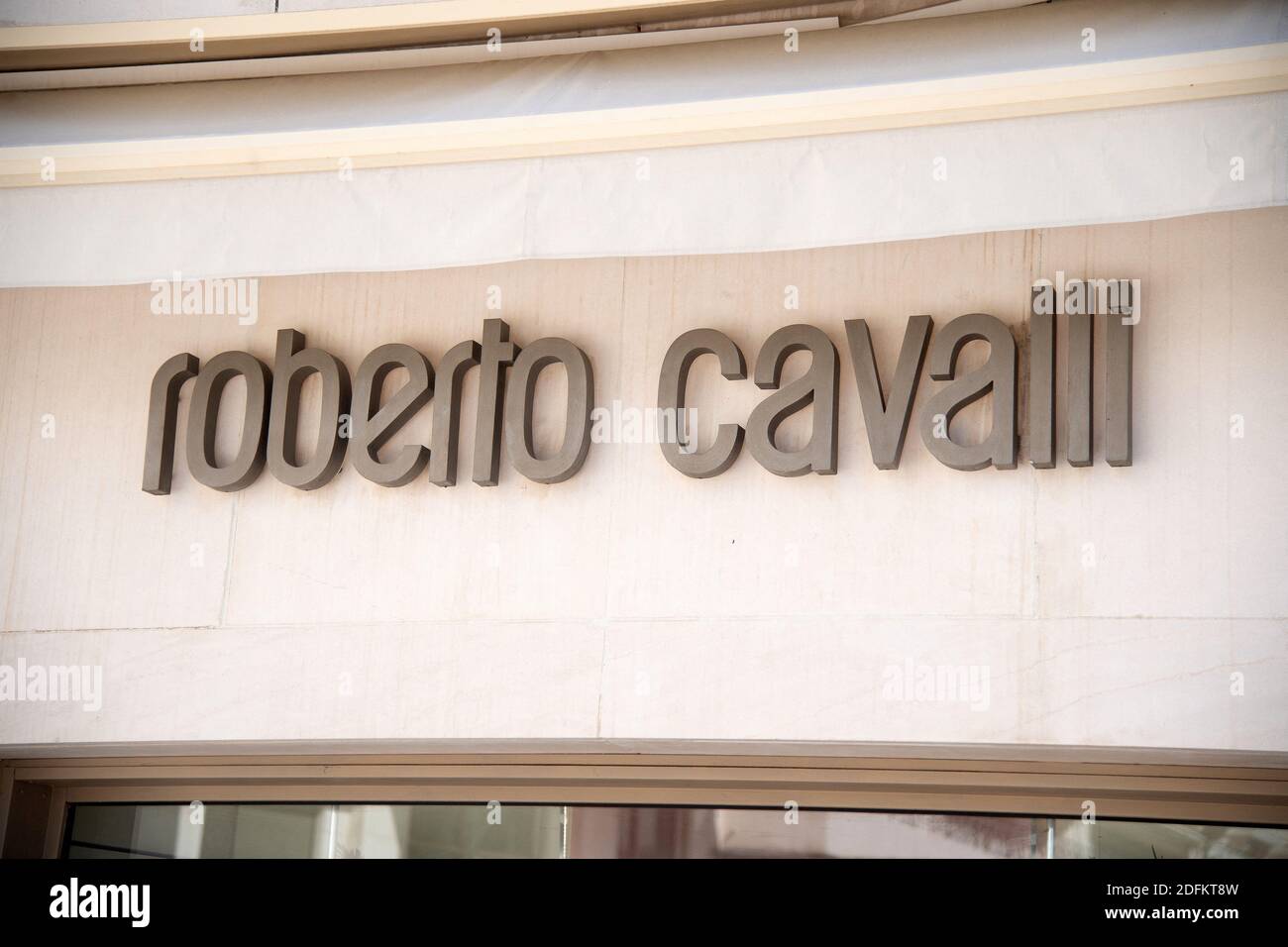 A shop sign of ROBERTO CAVALLI, on October 13, 2020 in Cannes, France ...