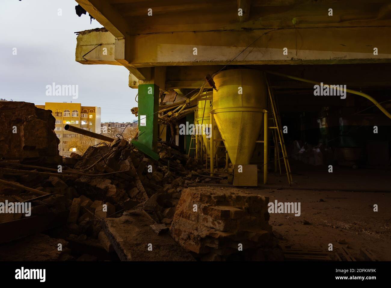 Ruined factory interior. Consequences of disaster, war or demolition ...