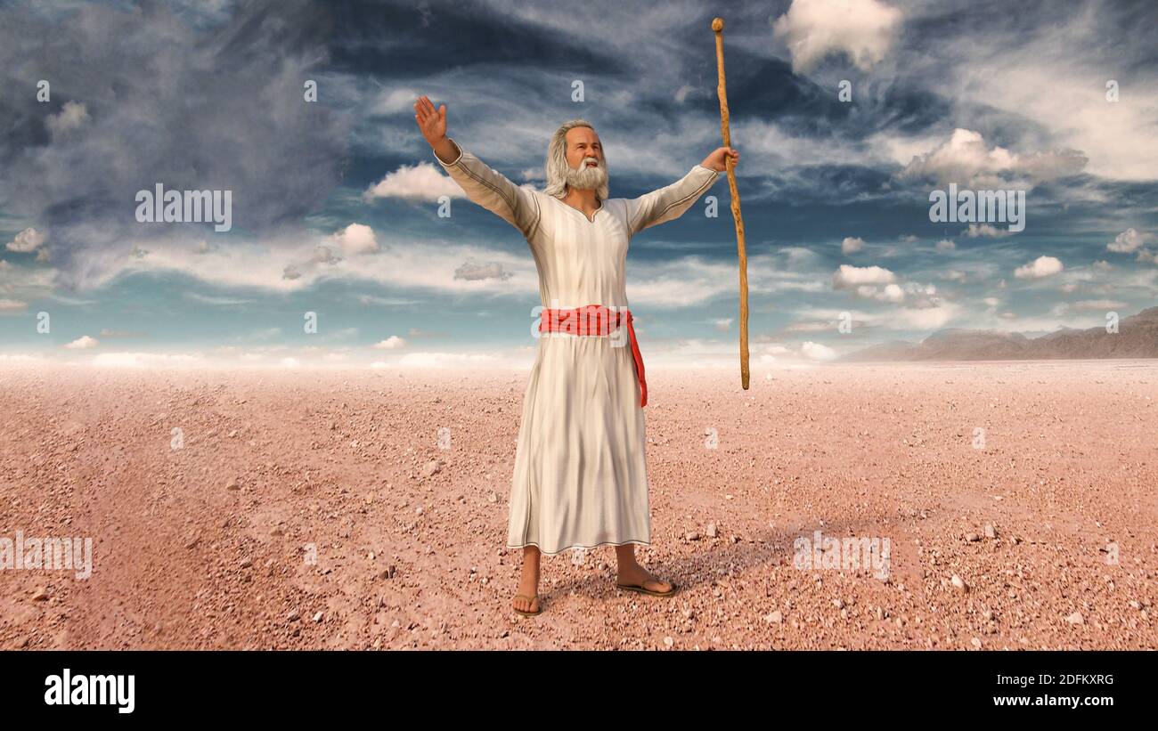 Moses raising his arms and prays to God during the Exodus of Jews from ...