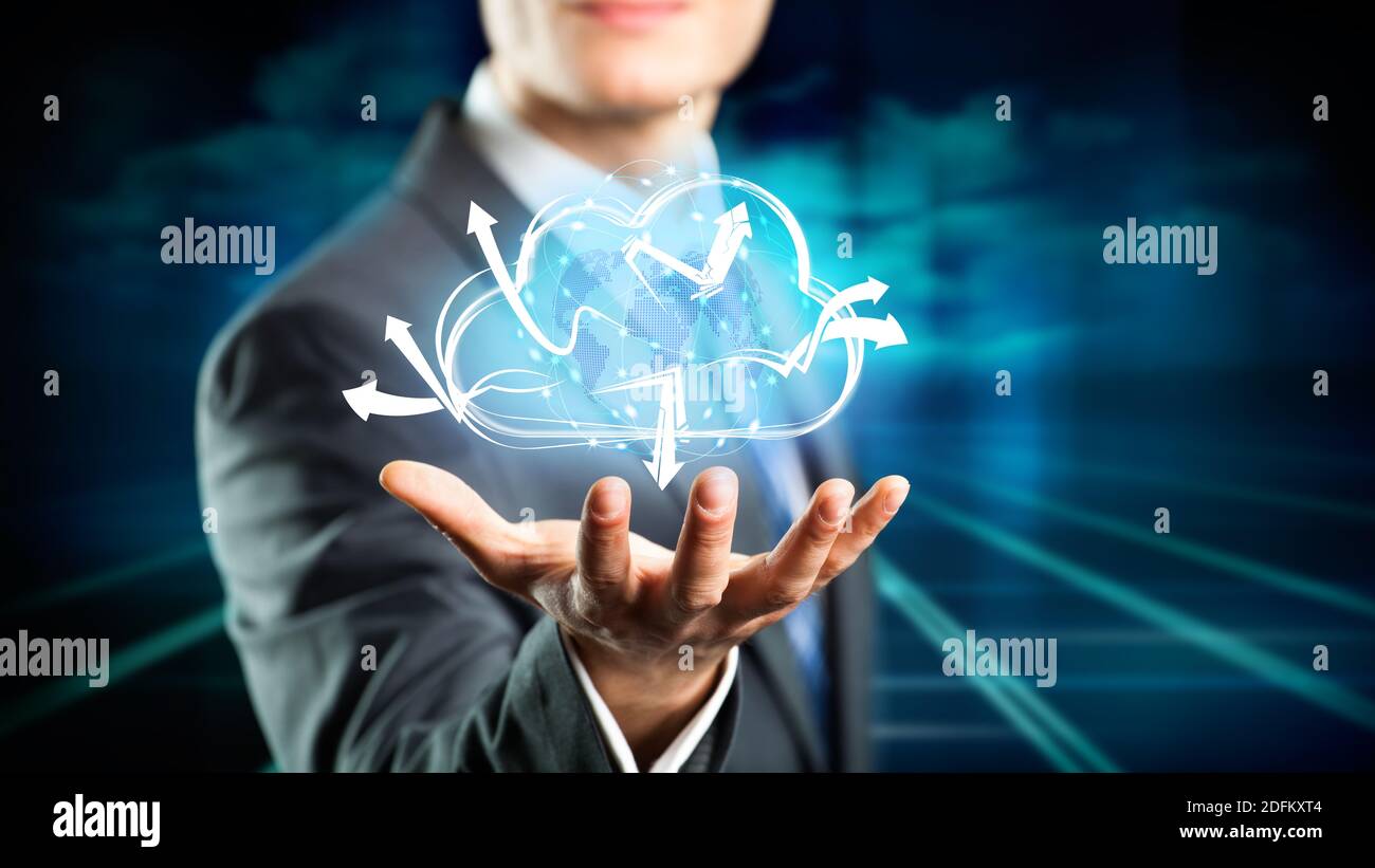 businessman interacting with a virtual cloud in front of an abstract ...