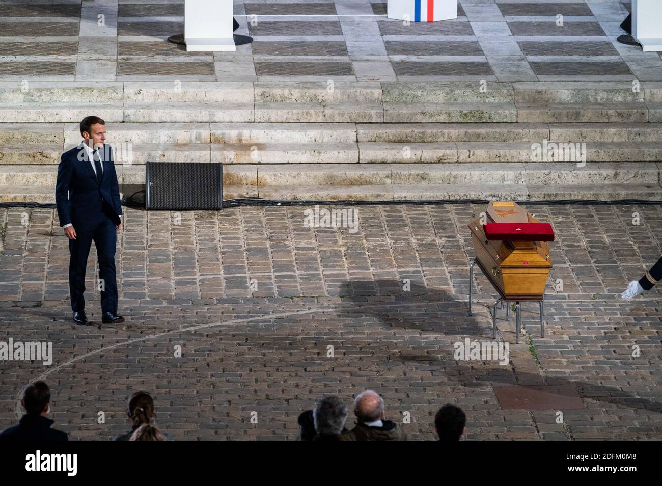French President Emmanuel Macron delivers a speech in front of Samuel ...