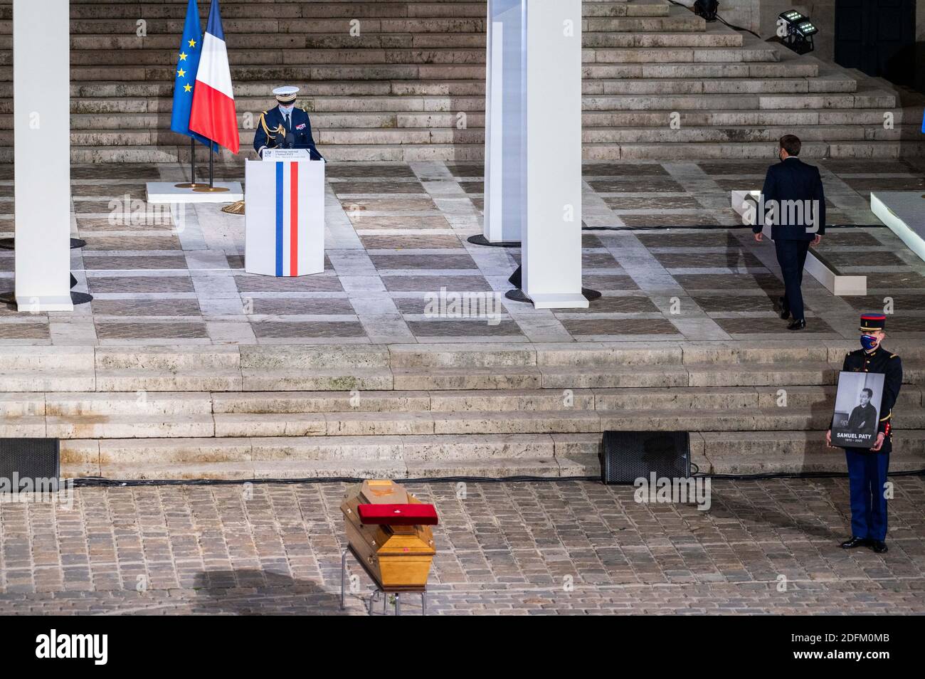 French President Emmanuel Macron delivers a speech in front of Samuel ...