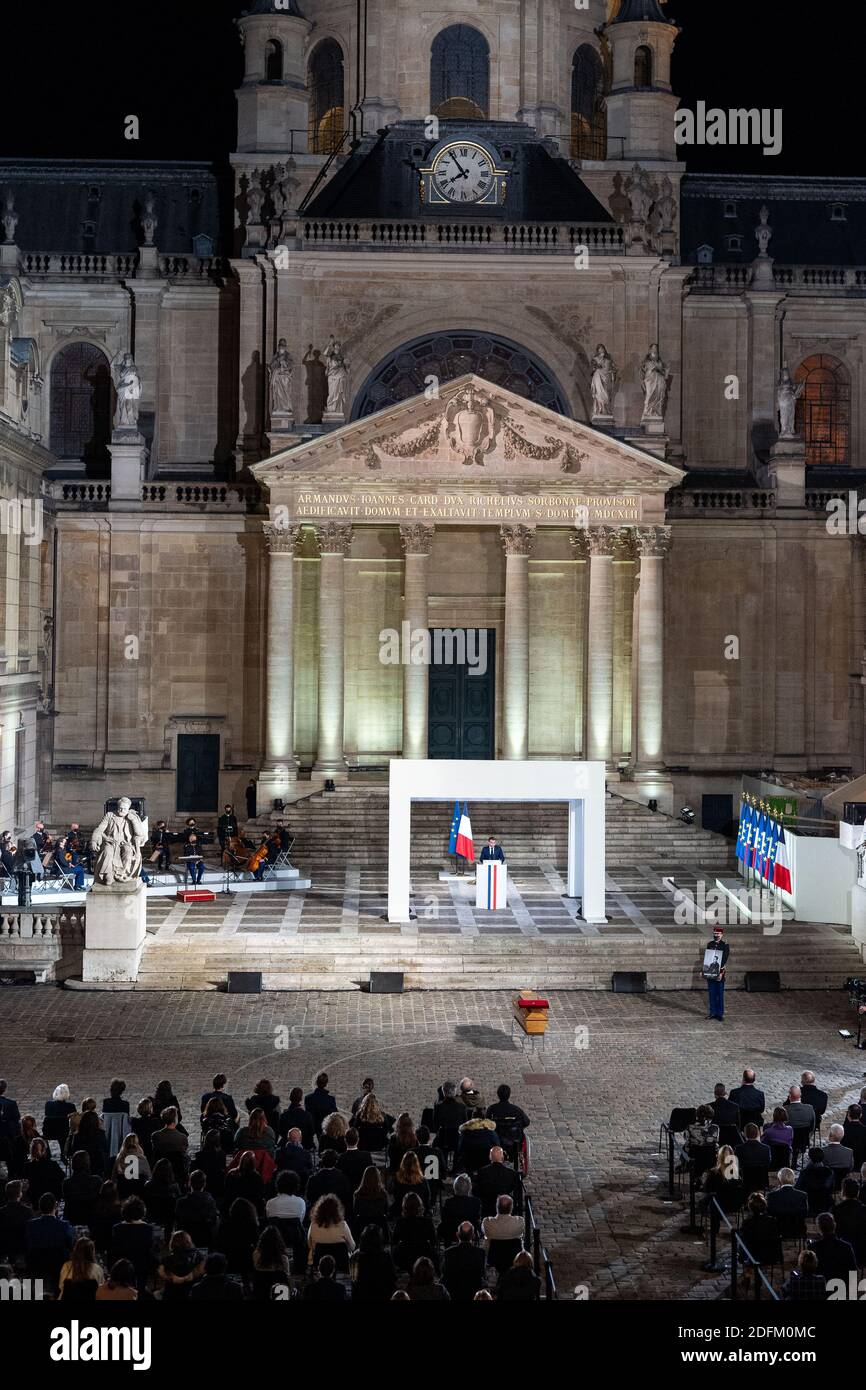 French President Emmanuel Macron delivers a speech in front of Samuel ...
