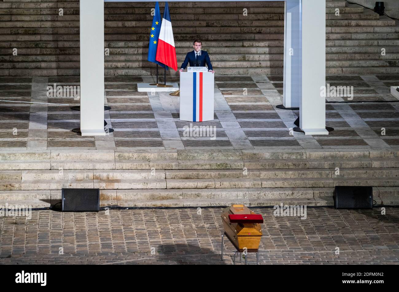 French President Emmanuel Macron delivers a speech in front of Samuel ...