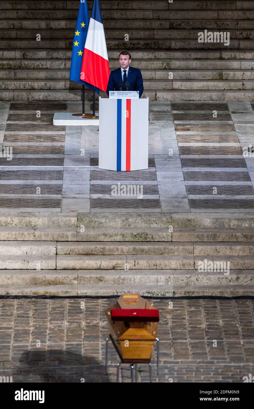 French President Emmanuel Macron delivers a speech in front of Samuel ...