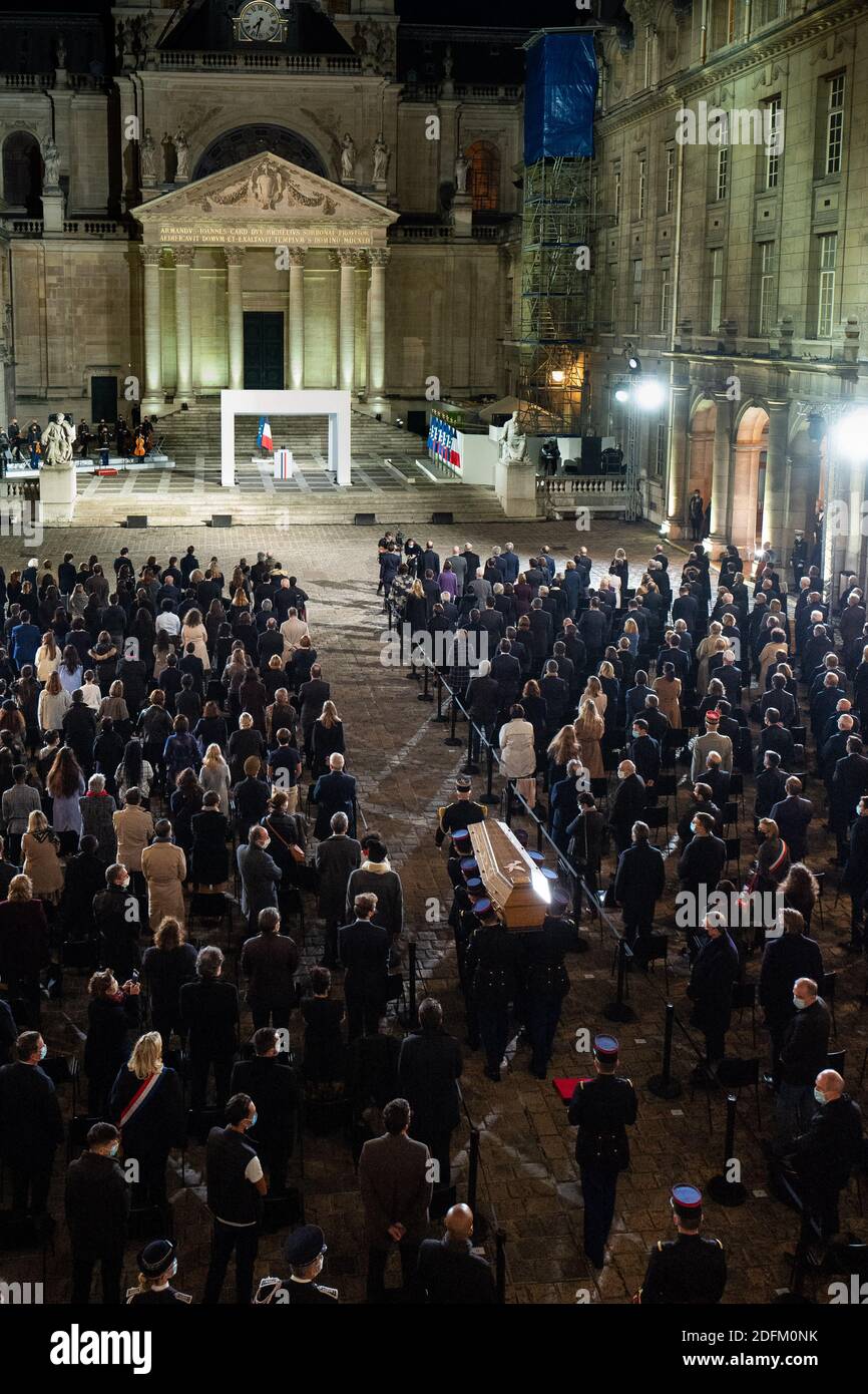 French President Emmanuel Macron delivers a speech in front of Samuel ...
