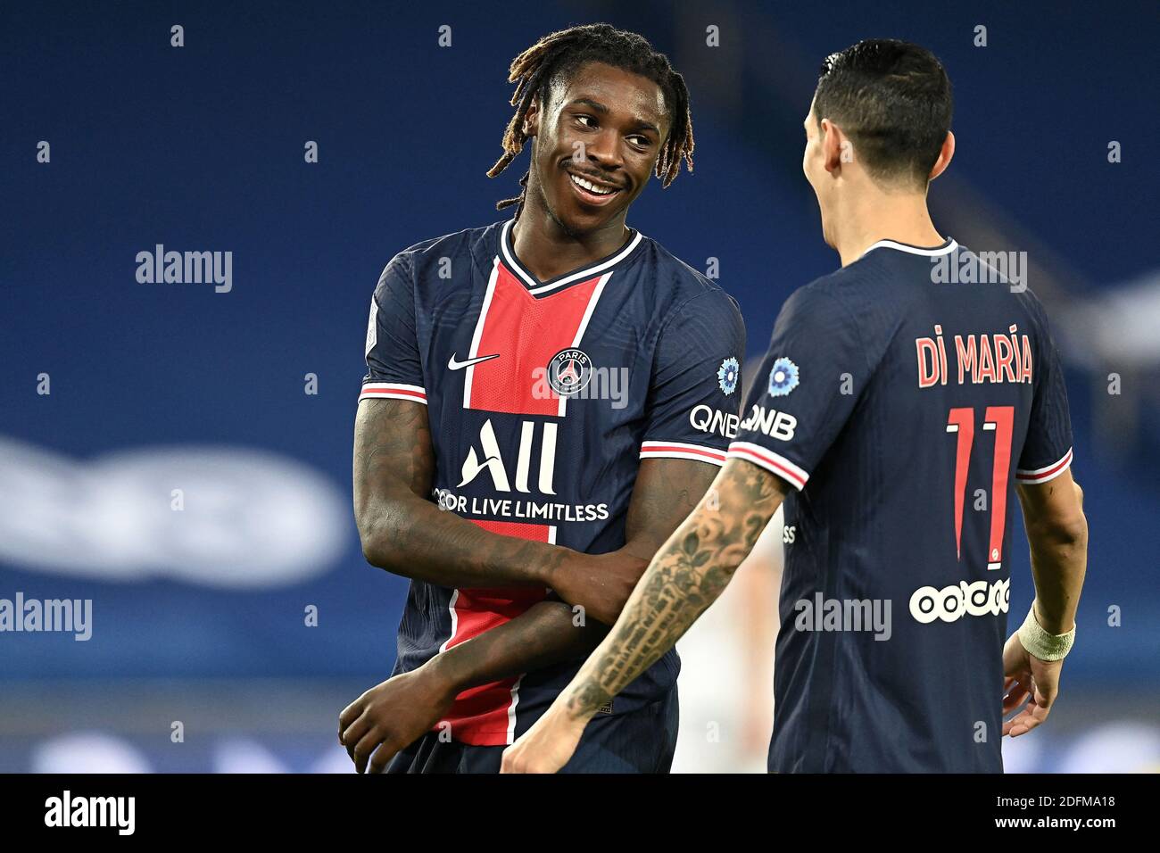 Moise Kean of Paris Saint Germain (PSG) celebrates his goal with Angel ...