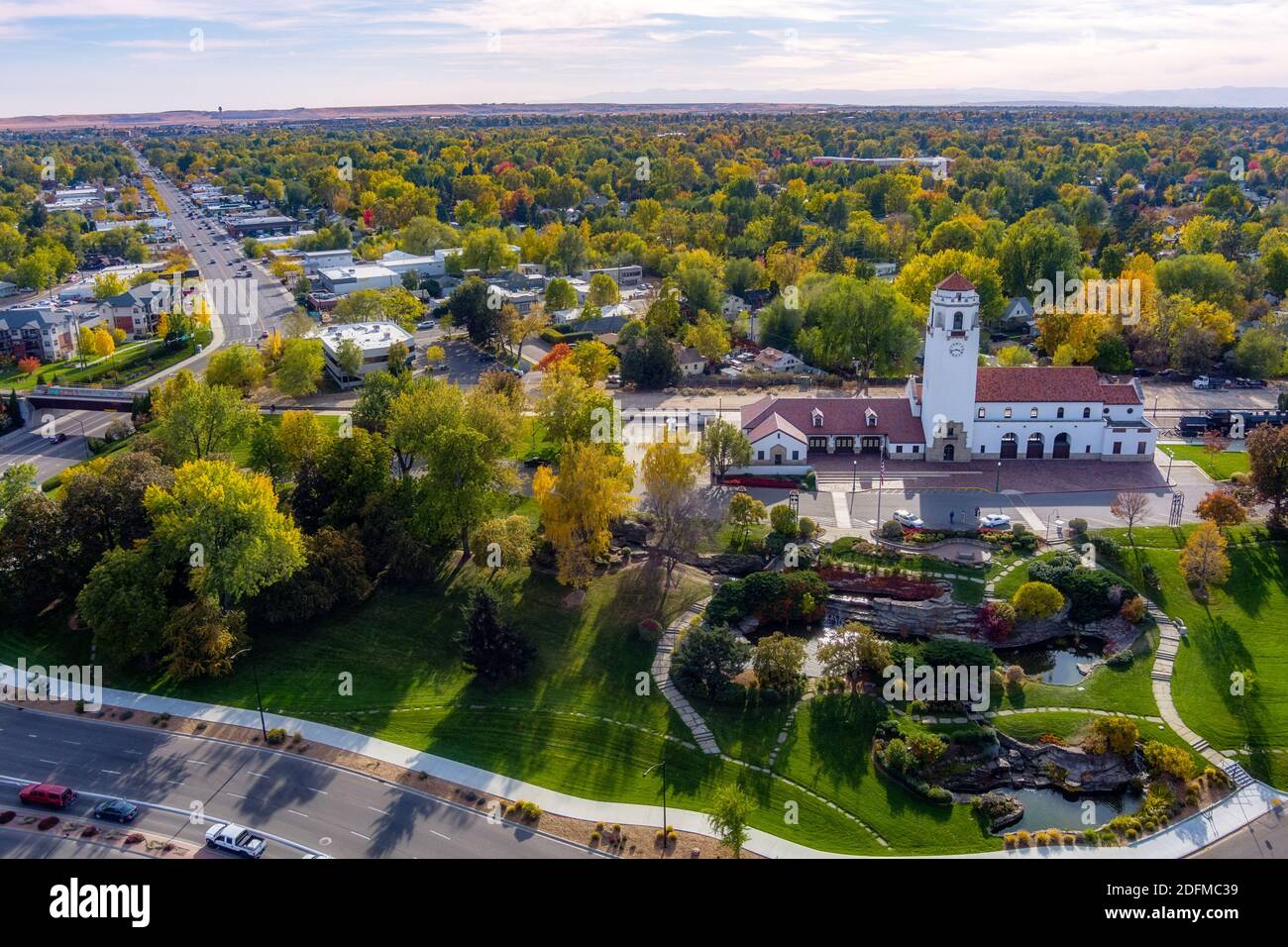 Unique view of the Boise train depot with fall colored trees Stock ...